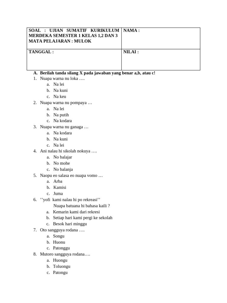 Soal Mulok Kelas 1, 2, 3 | PDF