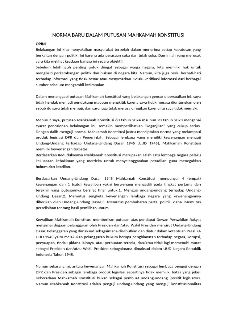 NORMA BARU DALAM PUTUSAN MK | PDF