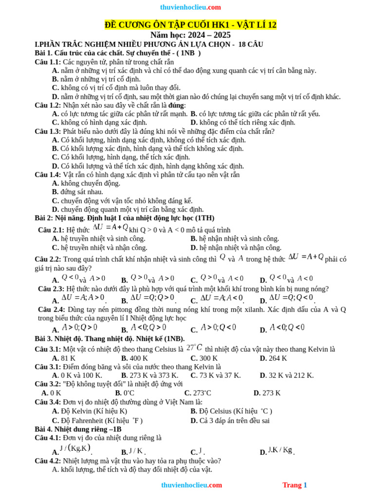 De Cuong On Tap HK1 Vat Li 12 KNTT | PDF