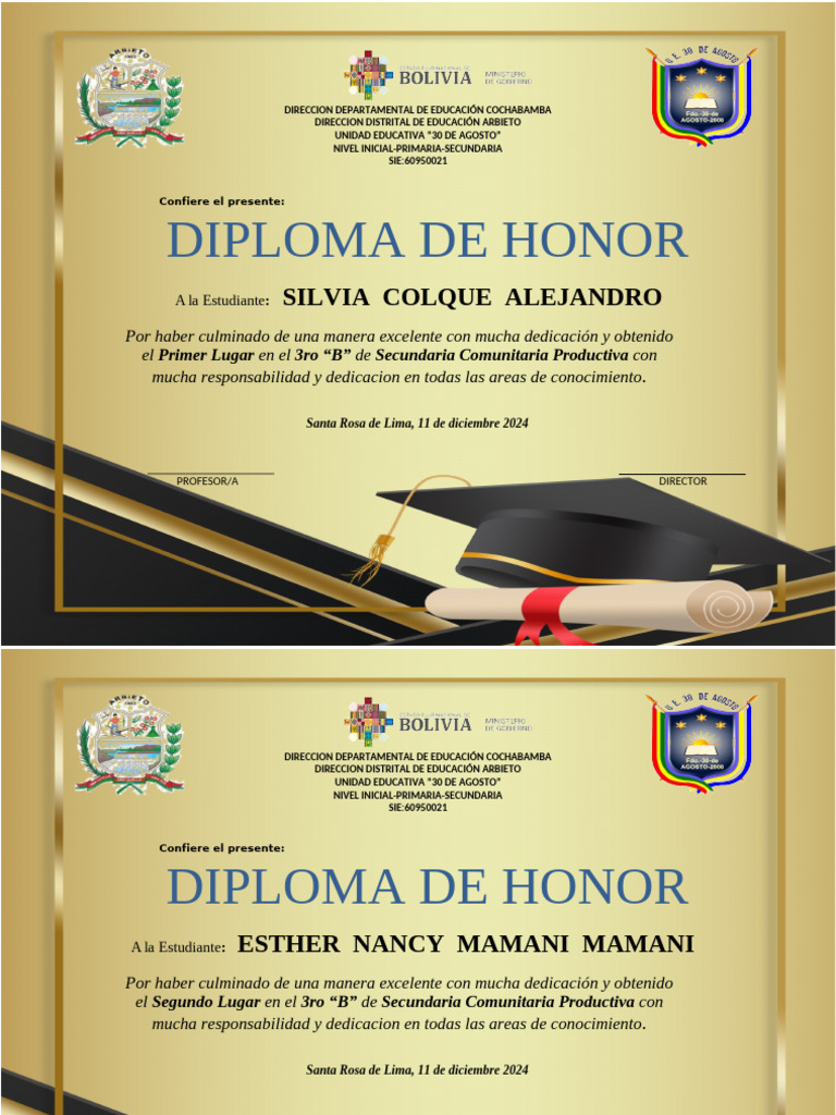 Diplomas de Honor 3ro "B" Secundaria | PDF