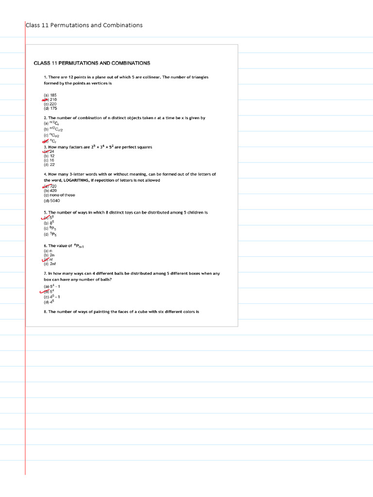 Class 11 Permutations and Combinations | PDF