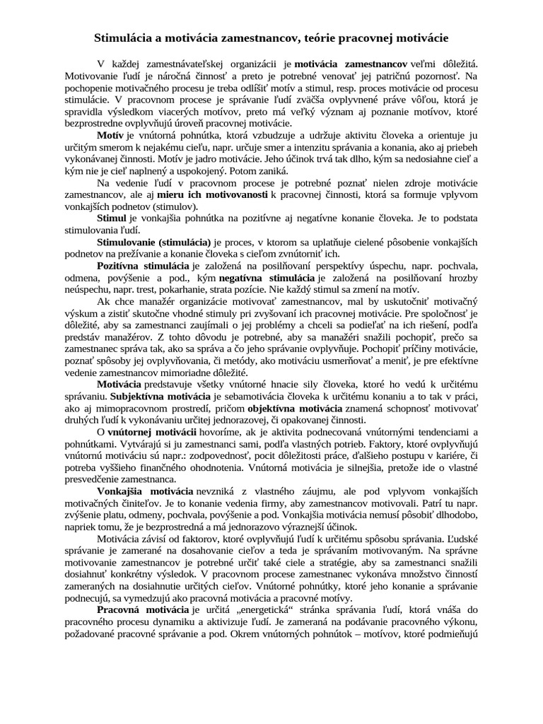 Stimulácia A Motivácia, Teórie Pracovnej Motivácie | PDF