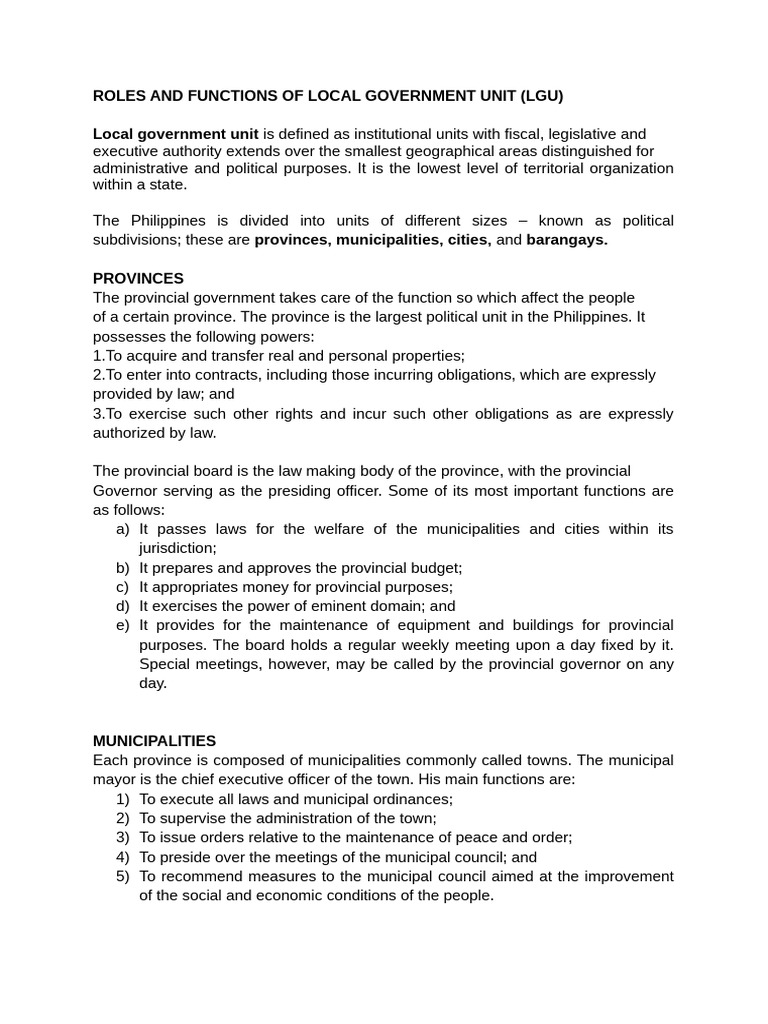 Roles and Functions of Local Government Unit (LGU) | PDF | Local ...