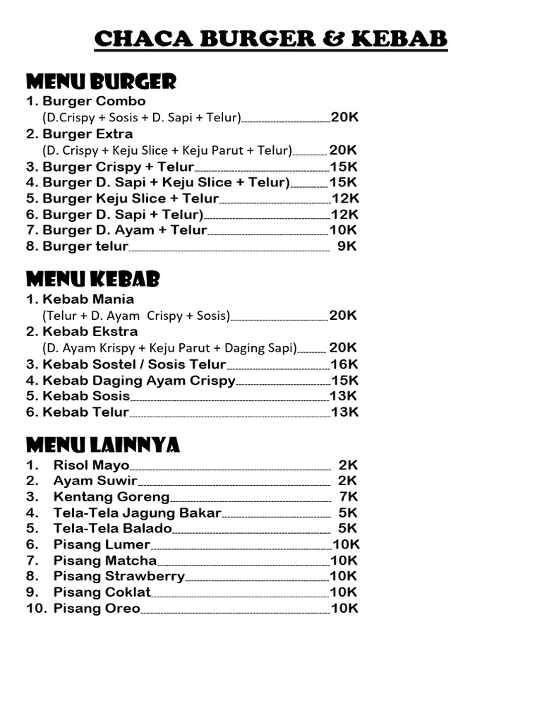 Menu Burger dan Kebab CHACA | PDF