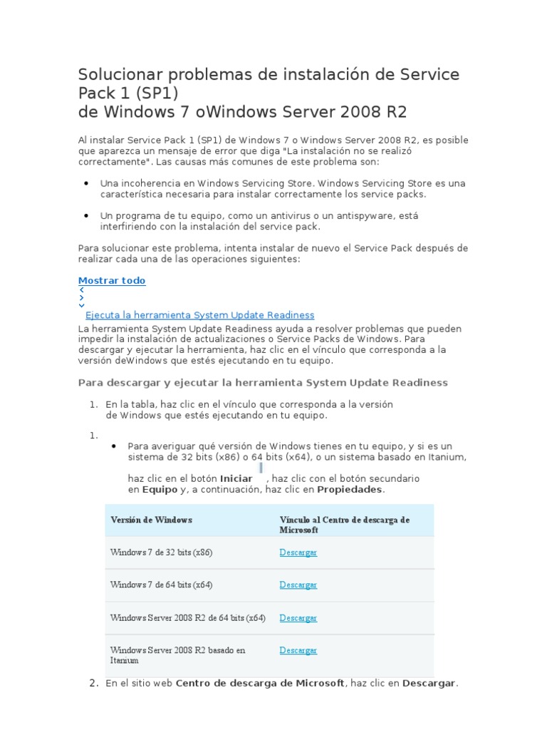 Solucionar Problemas de Instalación de Service Pack 1 | PDF | Windows 7 | Microsoft Windows