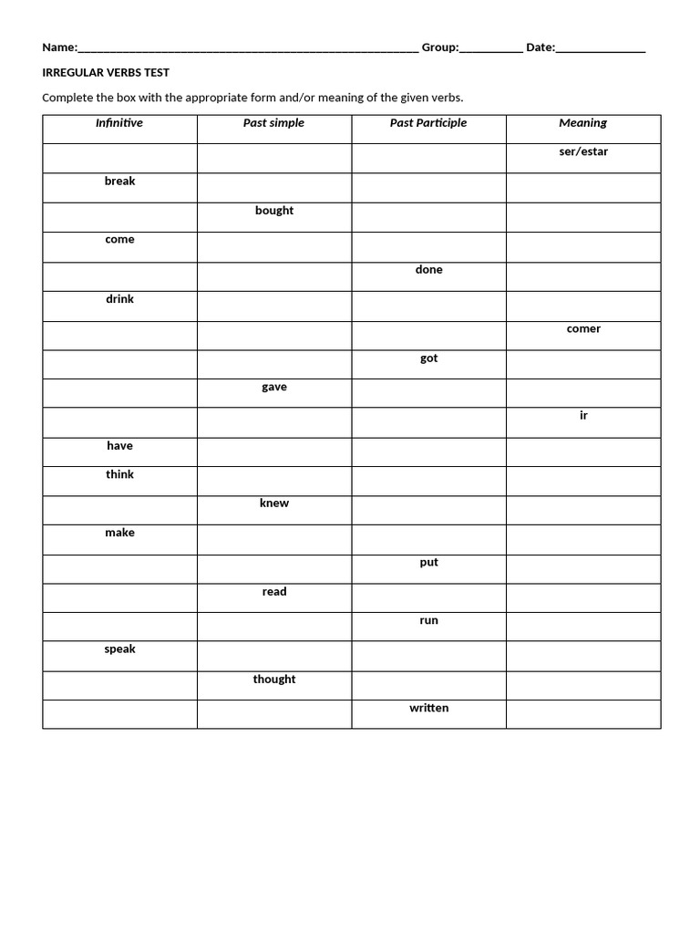 Irregular Verbs Test Worksheet | PDF