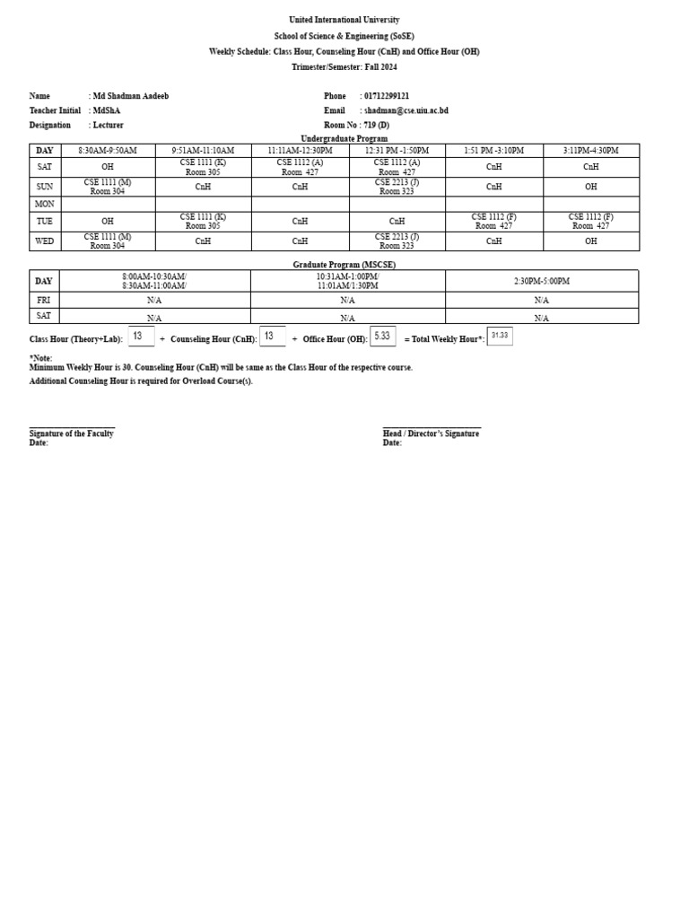 Counselling Hours Fall 2024 | PDF | Schools | Academia