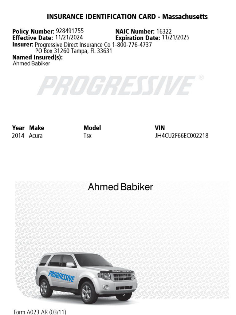 Massachusetts Auto Insurance Card | PDF