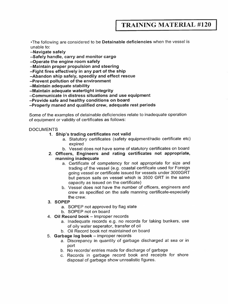 Training Material 120 PSC detainable deficiencies | PDF