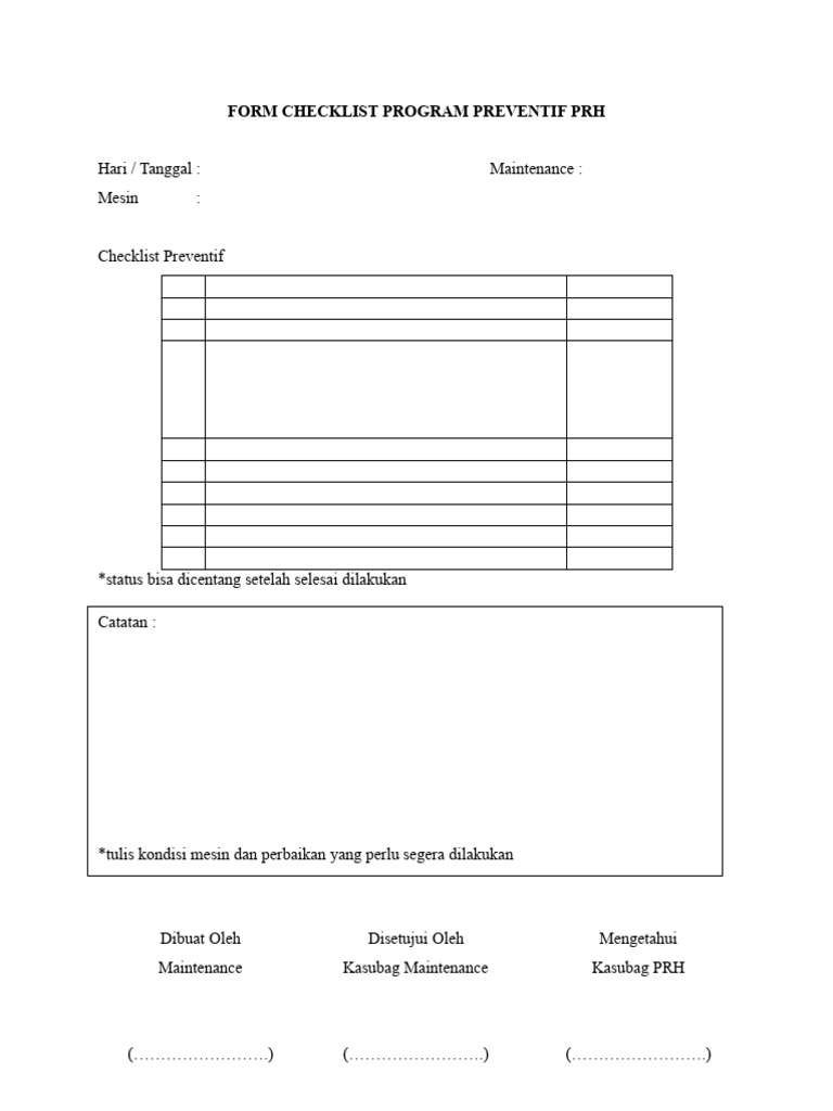 FORM CHECKLIST PROGRAM PREVENTIF PRH | PDF