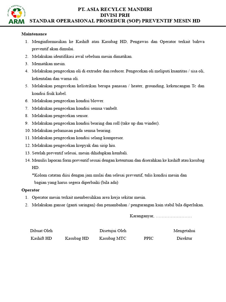 SOP Preventif Mesin HD | PDF