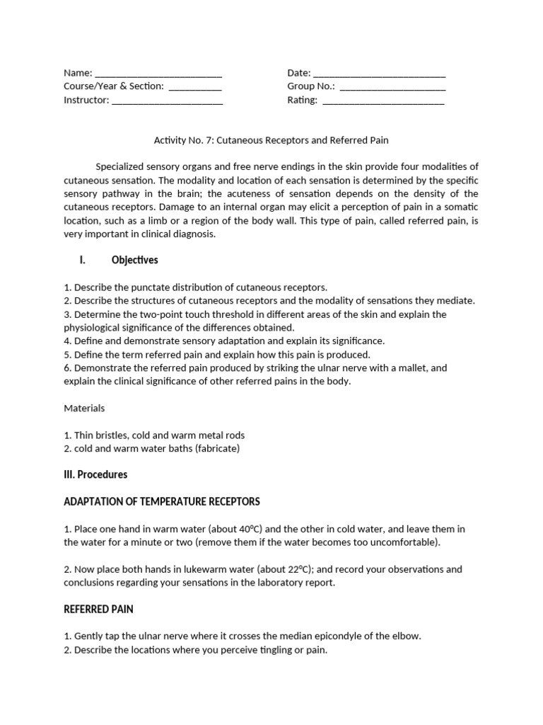 Cutaneous Receptors and Referred Pain Study | PDF | Somatosensory ...