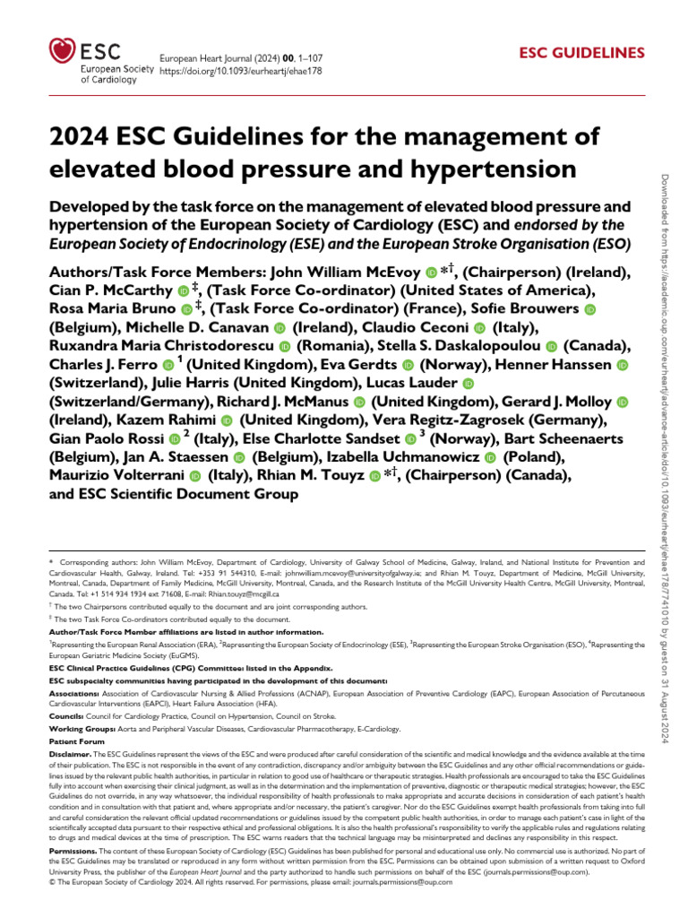 2024 ESC Guidelines For The Management of Elevated Blood Pressure and Hypertension | PDF ...
