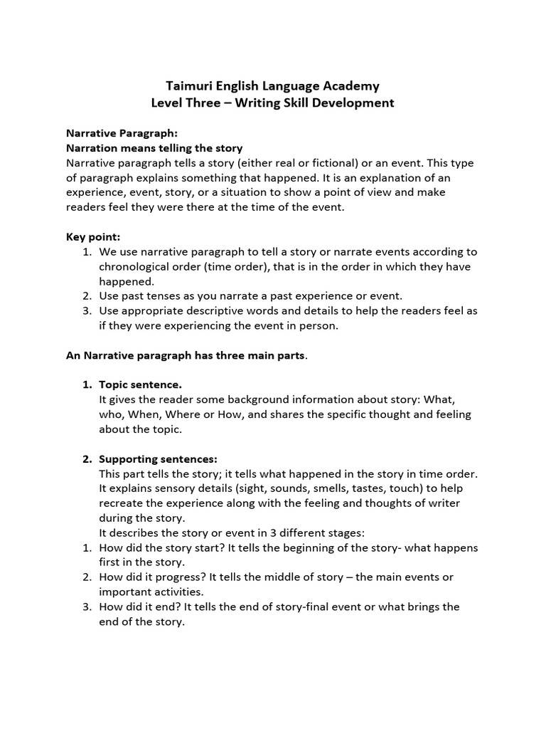 TELA. Writing-Narrative Paragraph-Level Two | PDF | Experience | Narration