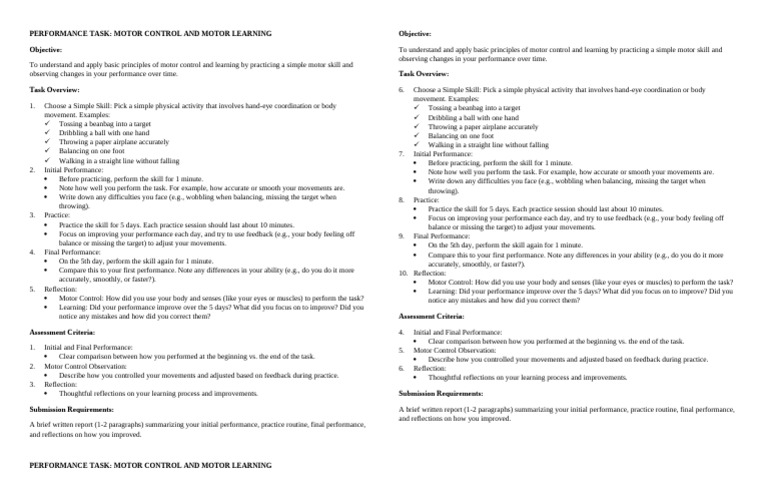 Motor Control and Learning Task Guide | PDF | Motor Control | Motor ...