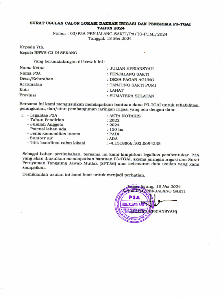 Surat Usulan P3a Penjalang Sakti Pagar Agung | PDF