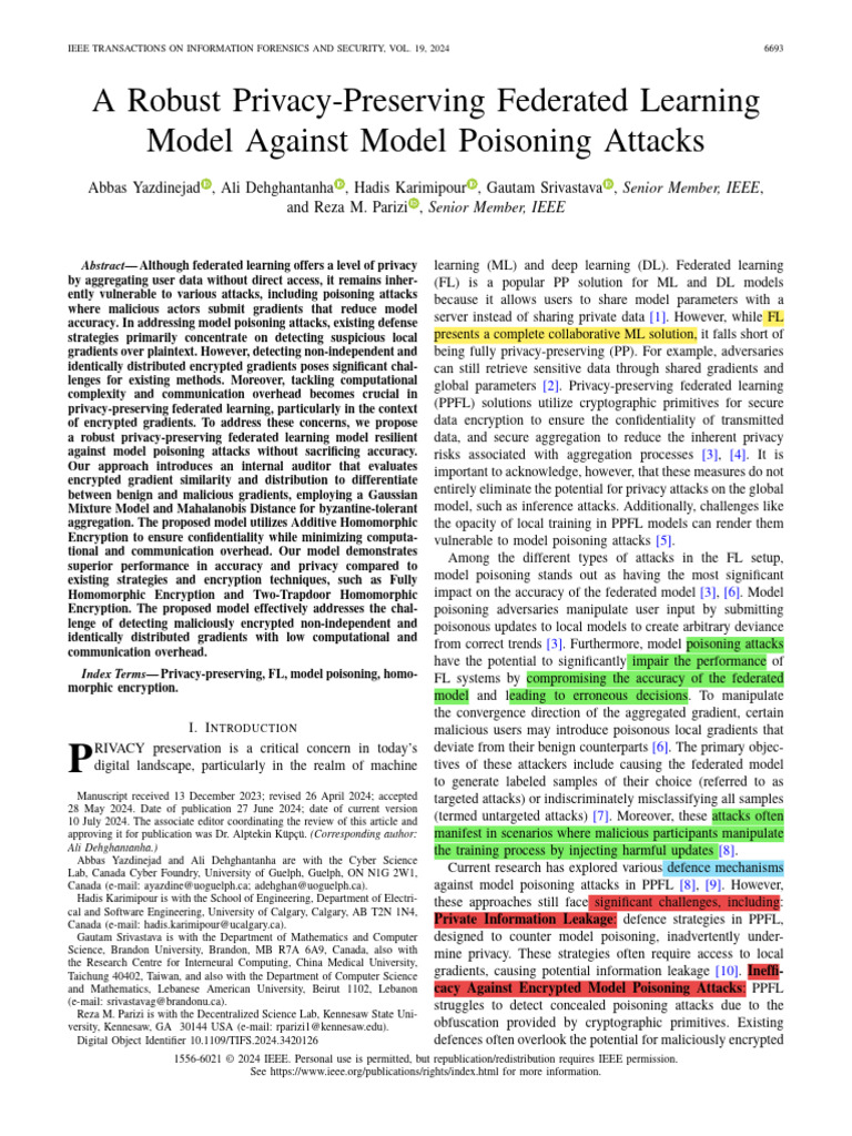 A Robust Privacy-Preserving Federated Learning Model Against Model Poisoning Attacks | PDF ...