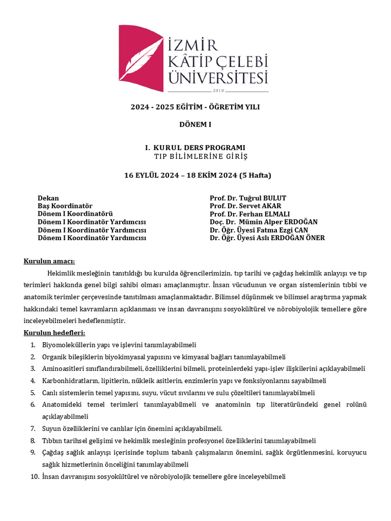 2024 - 2025 Eğitim - Öğretim Yili Dönem I I. Kurul Ders Programi | PDF