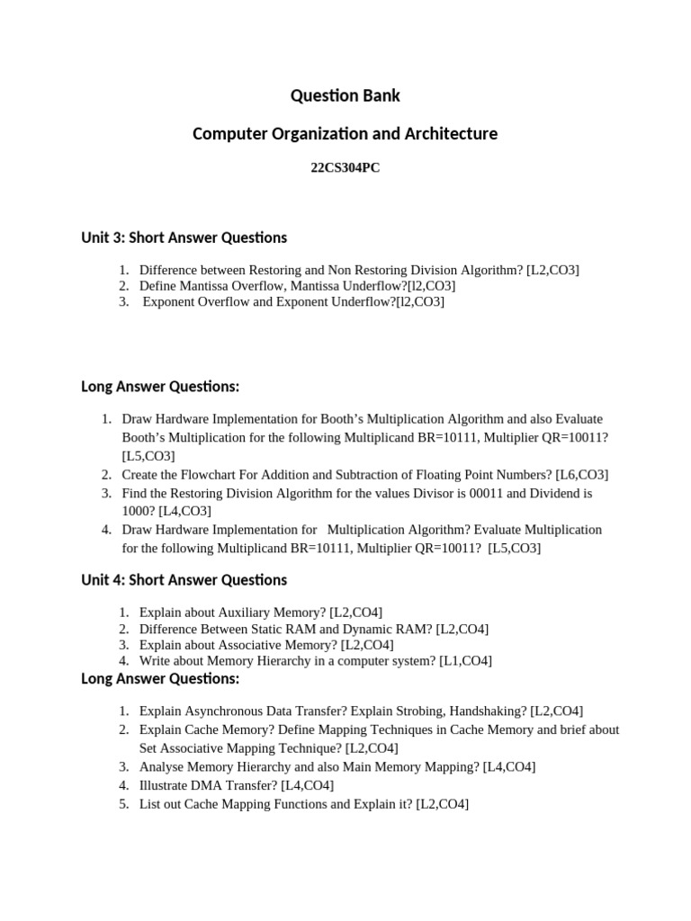 Question Bank COA | PDF | Cpu Cache | Multiplication