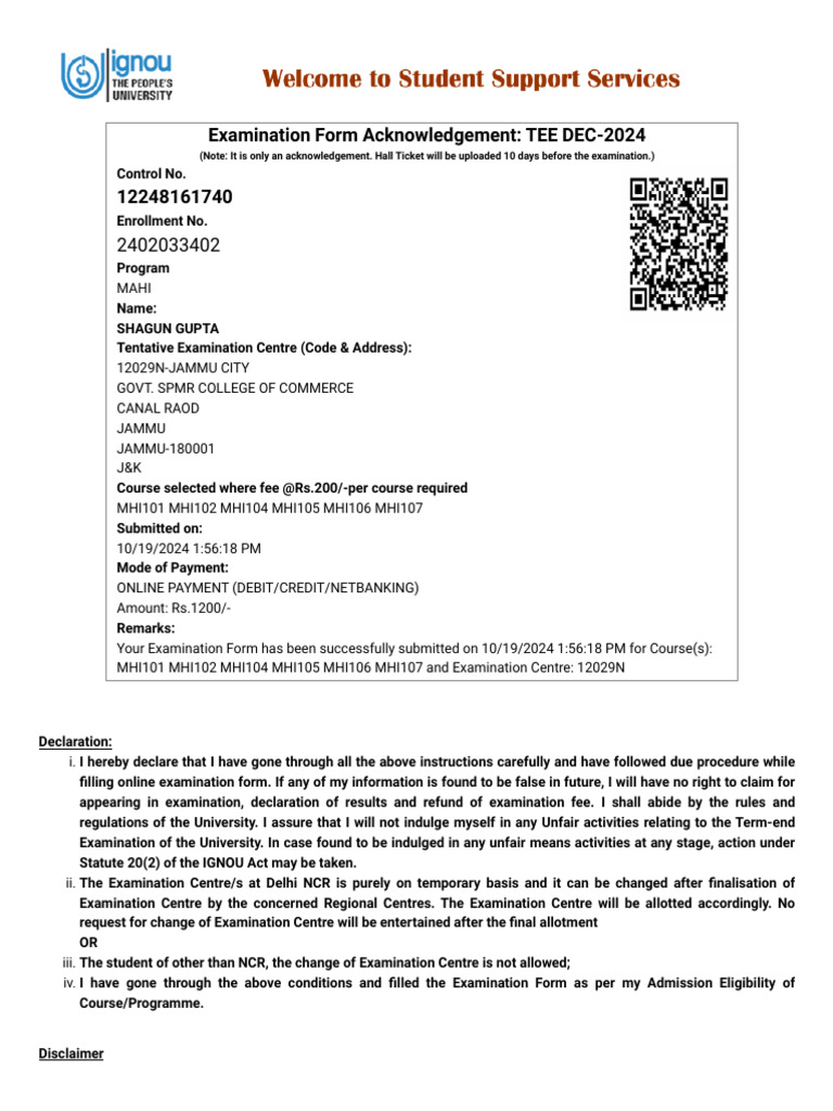 IGNOU TEE DEC-2024 Acknowledgement | PDF