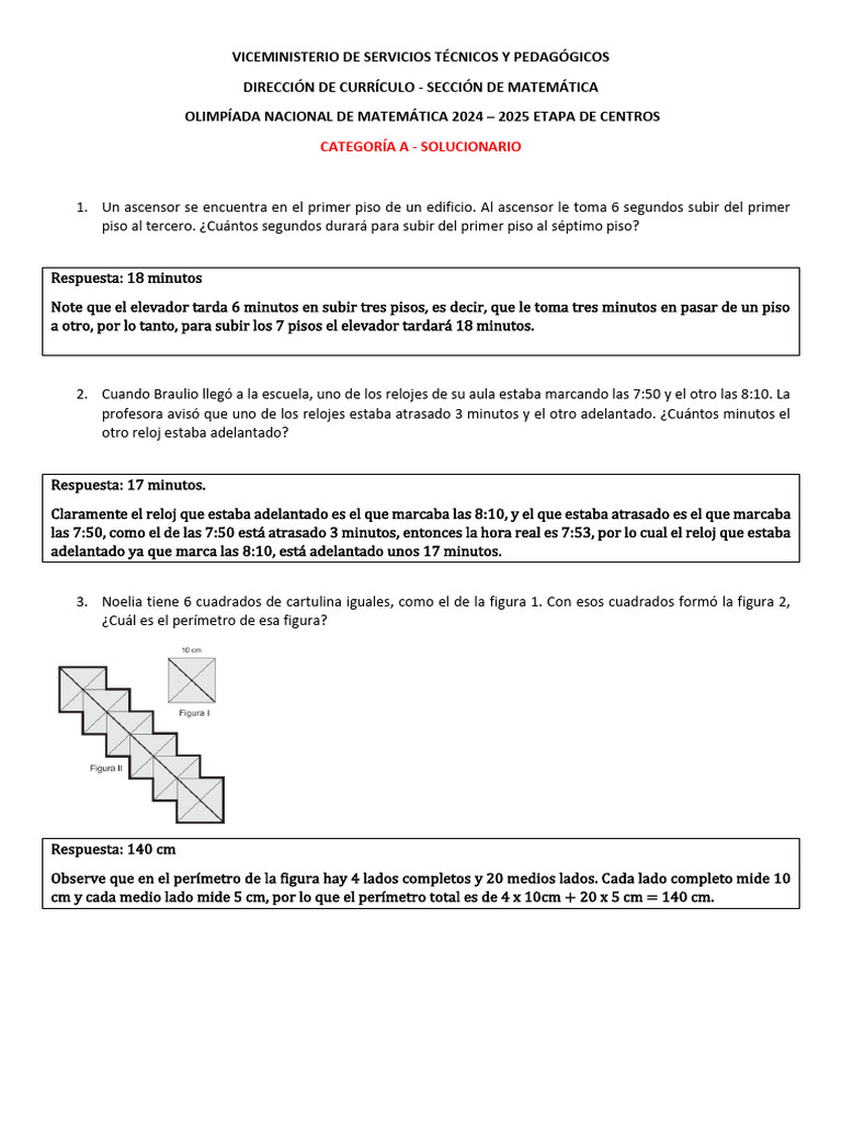Categoría A - Solucionario Prueba Olimpíada Matemática 2024 - 2025 Etapa de Centros | PDF