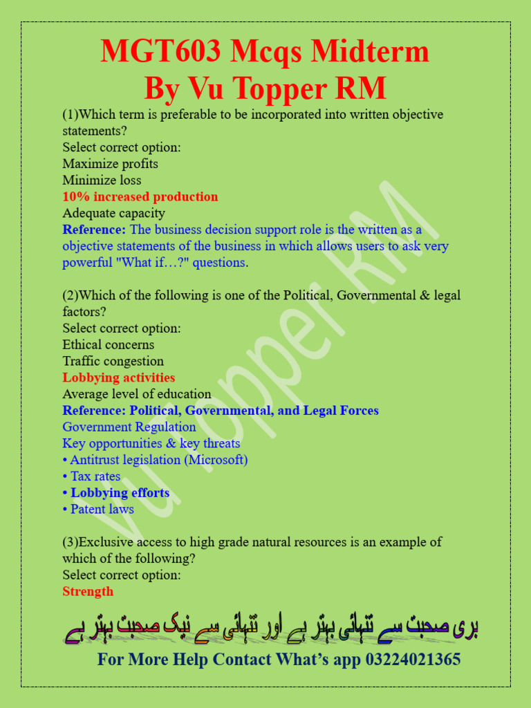 MGT603 Mcqs MidTerm by Vu Topper RM | PDF | Strategic Management | Dividend