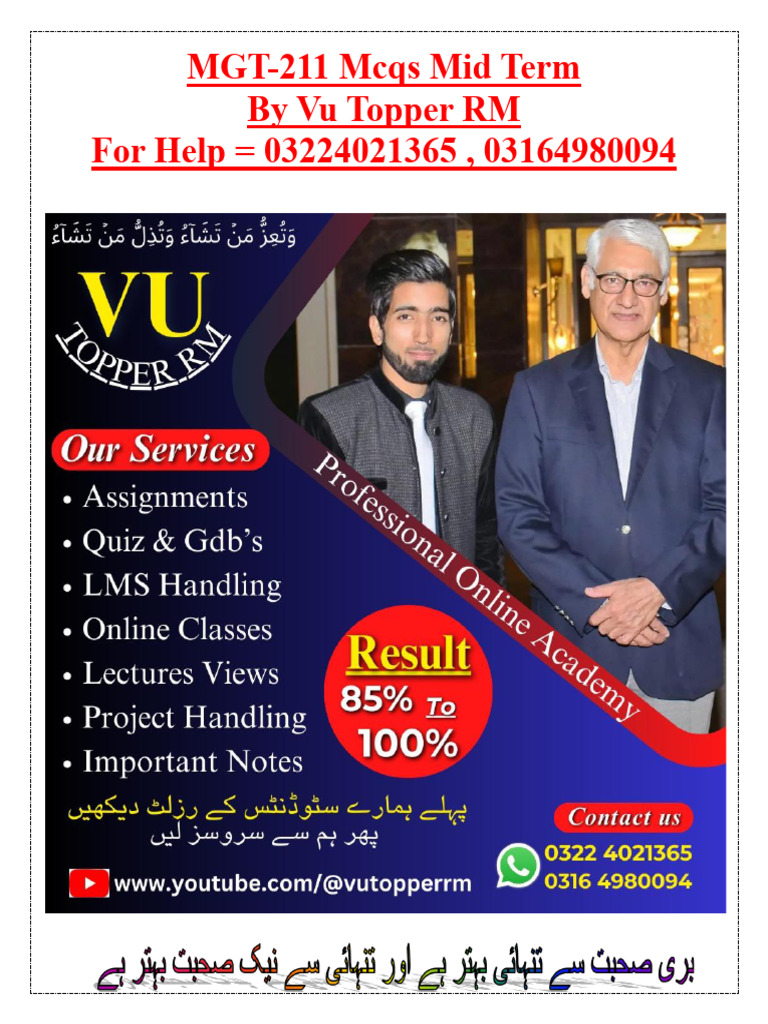 MGT211 Mcqs MidTerm by Vu Topper RM | PDF | Partnership | Cooperative