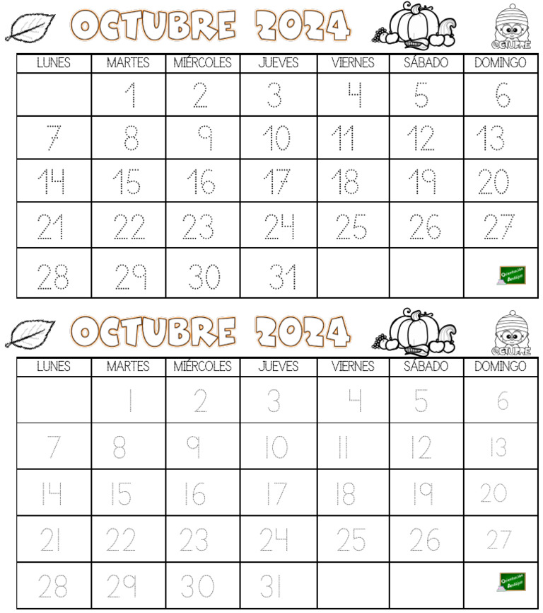 Calendario-punteado-de-octubre-2024-para-escritura-numerica | PDF