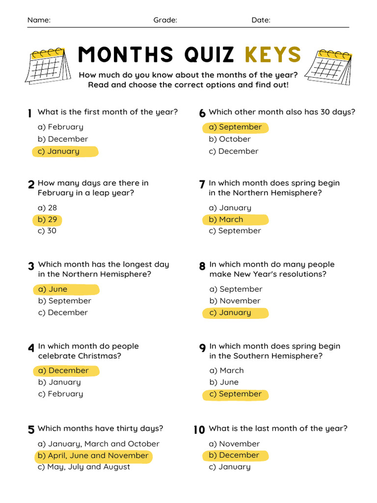 Months of the Year Quiz Questions | PDF