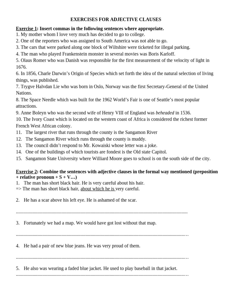Adjective Clause Exercises and Solutions | PDF