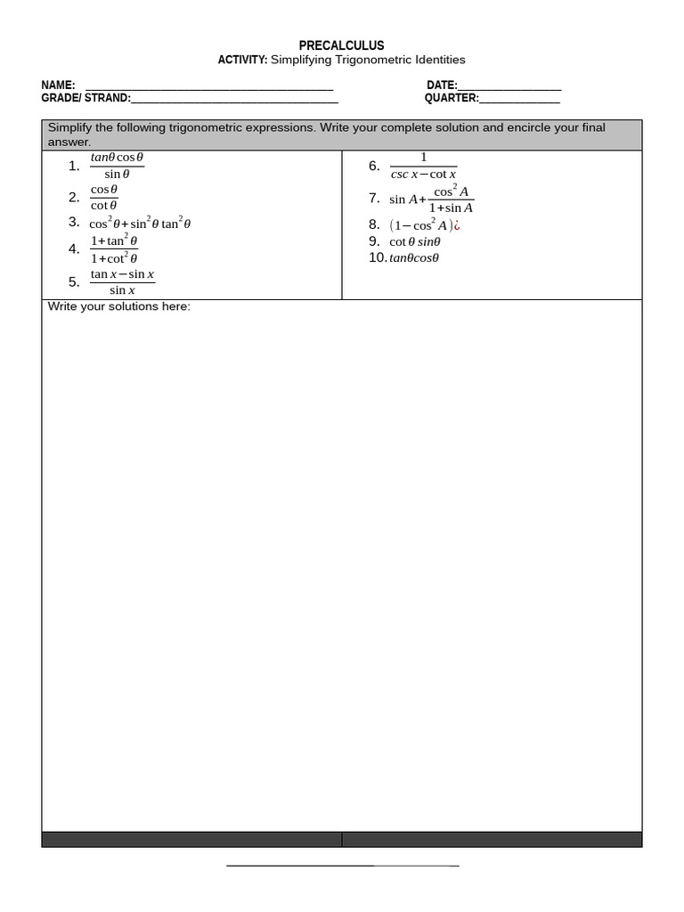 Activity Simplifying Trig Identities 2sjskslwlslsls Pdf