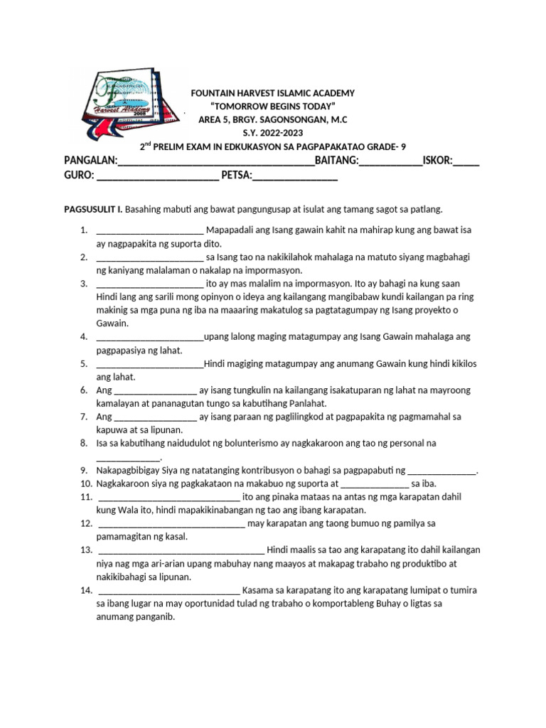 2nd Prelim Exam (Esp 9) | PDF