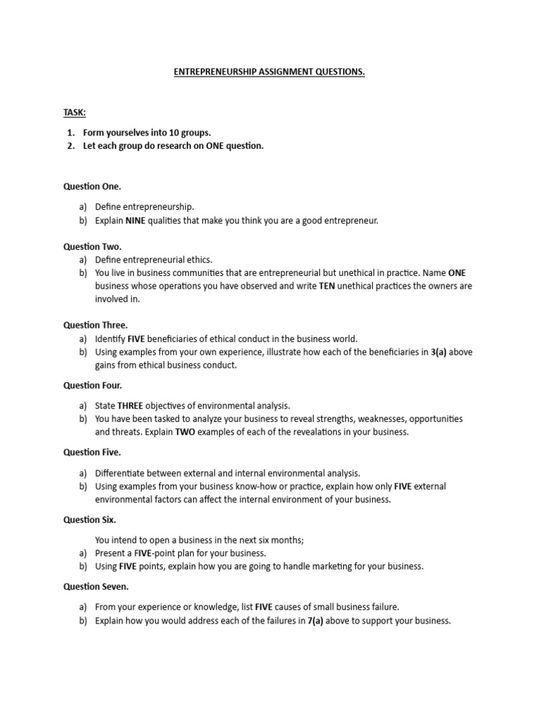 Entrepreneurship Assignment Questions | PDF
