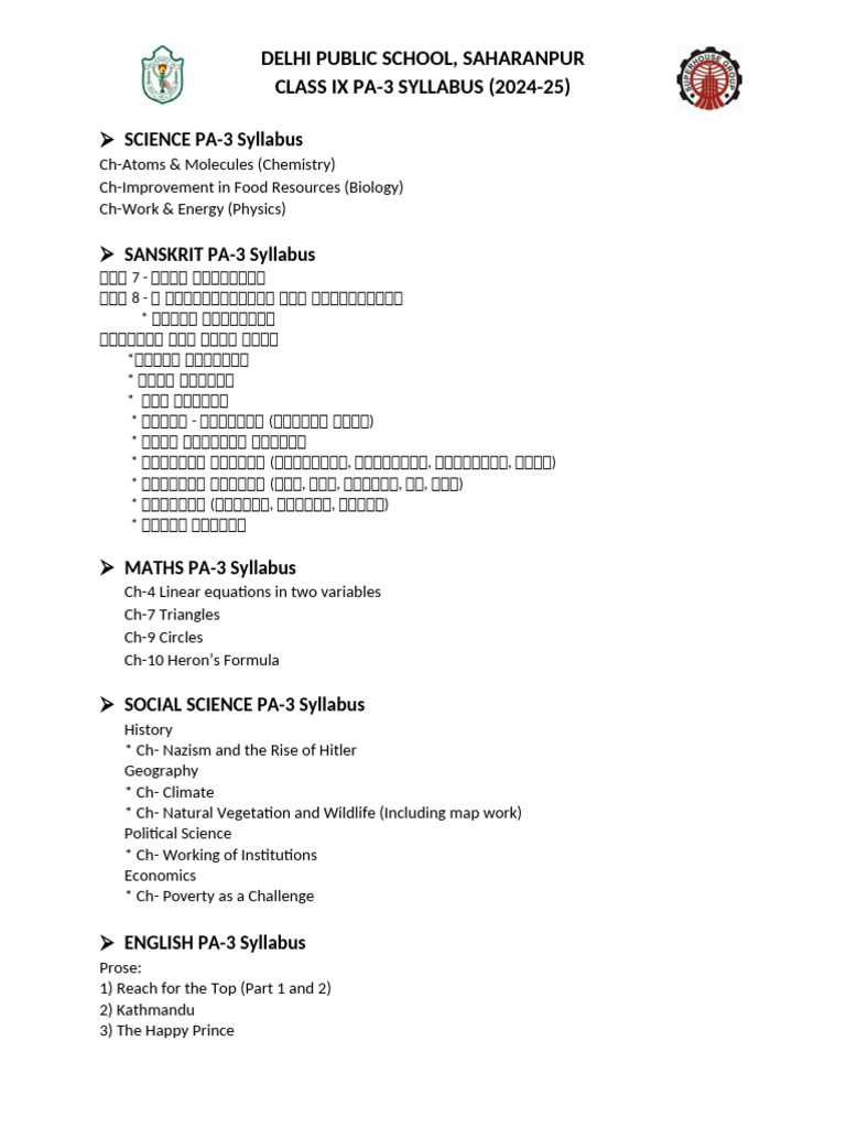 Class Ix Pa-3 Syllabus (2024-25) | PDF