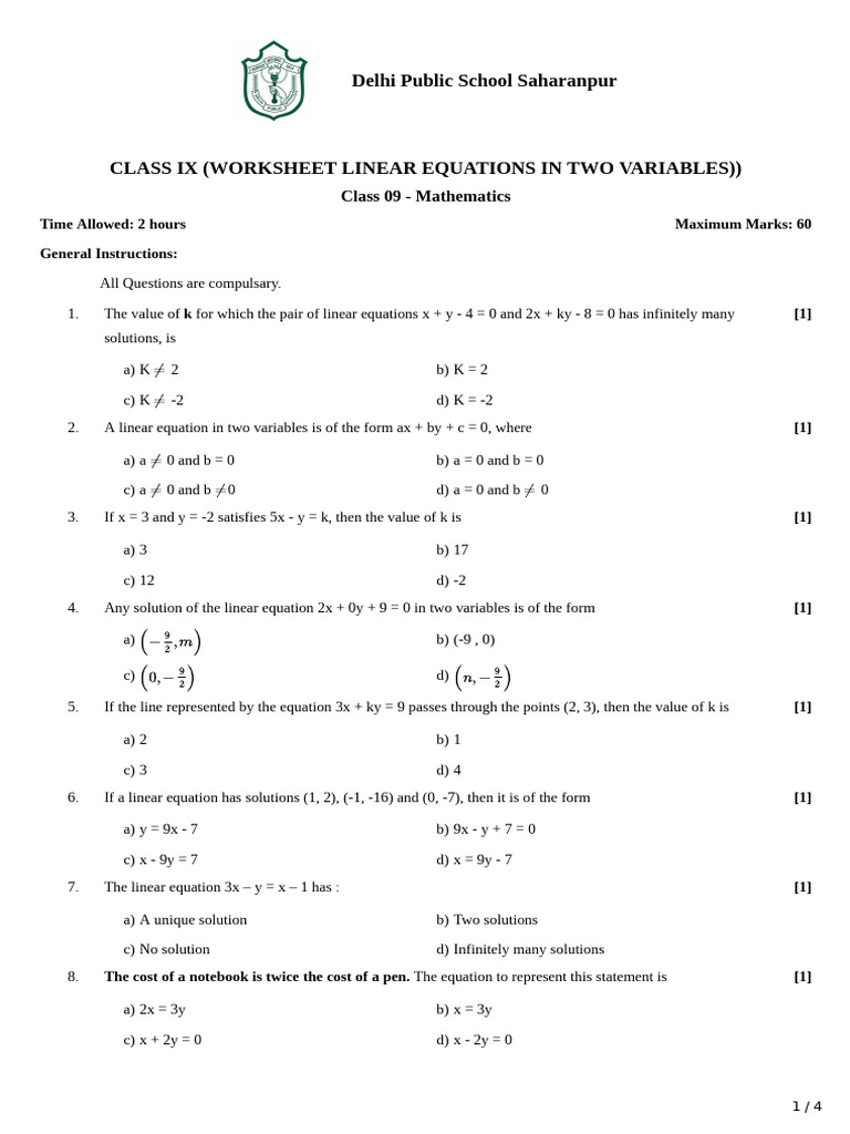 Class 9th Linear Equation Worksheet | PDF | Equations | Cartesian ...