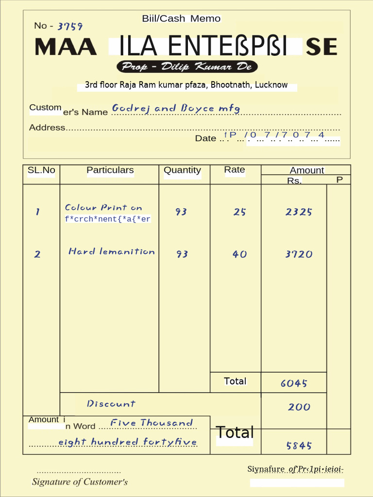 Biil/Cash Memo Template for Custom Transactions | PDF