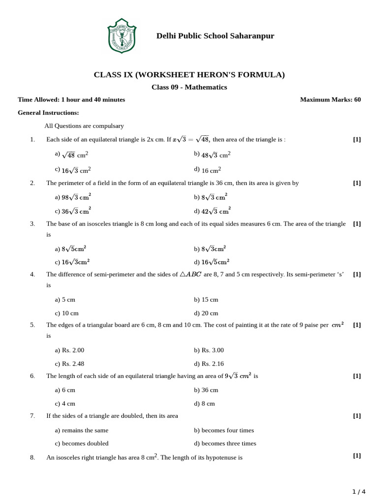 Class 9 Heron's Formula Worksheet | PDF | Area | Triangle