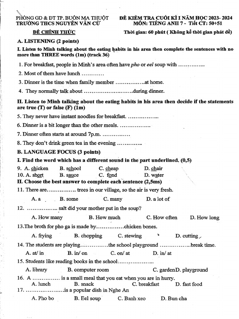 Anh Văn 7 HK 1 | PDF