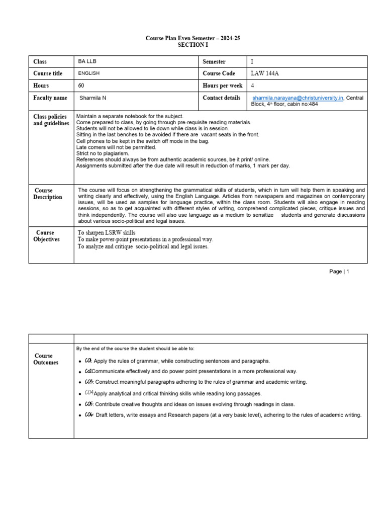 english course plan | PDF | Rubric (Academic) | Lecture