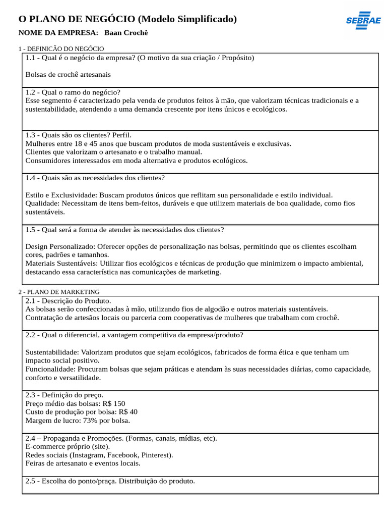 Anexo - Plano de Negócio Modelo Simplificado | PDF | Business | Despesa