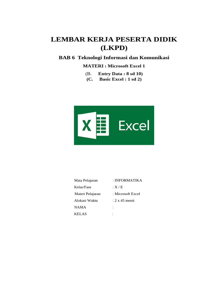 LKPD Teknologi Informasi Materi Excel 2024 SD 2025 Materi 2 Entry Data Revisi | PDF