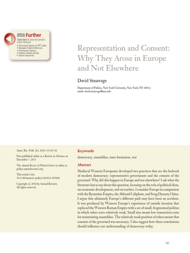 Stasavage, D. (2016) "Representation and Consent - Why They Arose in ...