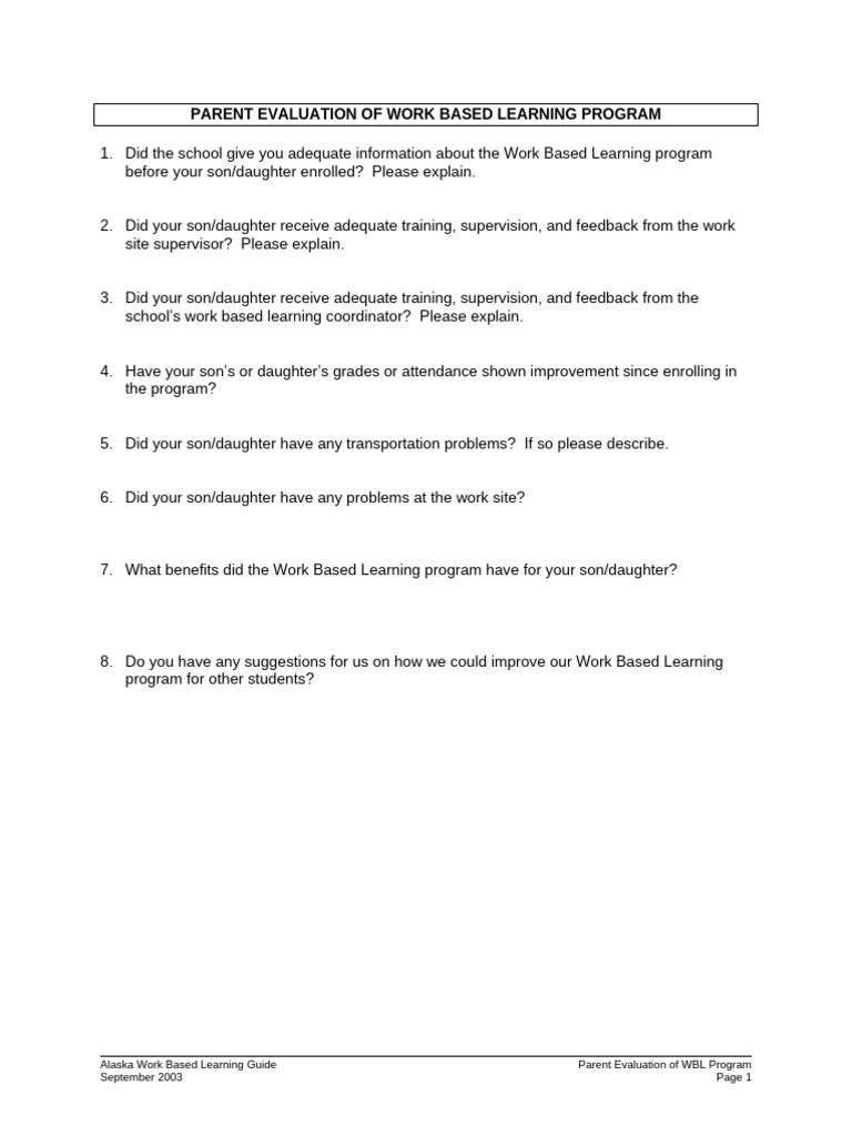 Parent Eval WBL Prog 2 | PDF