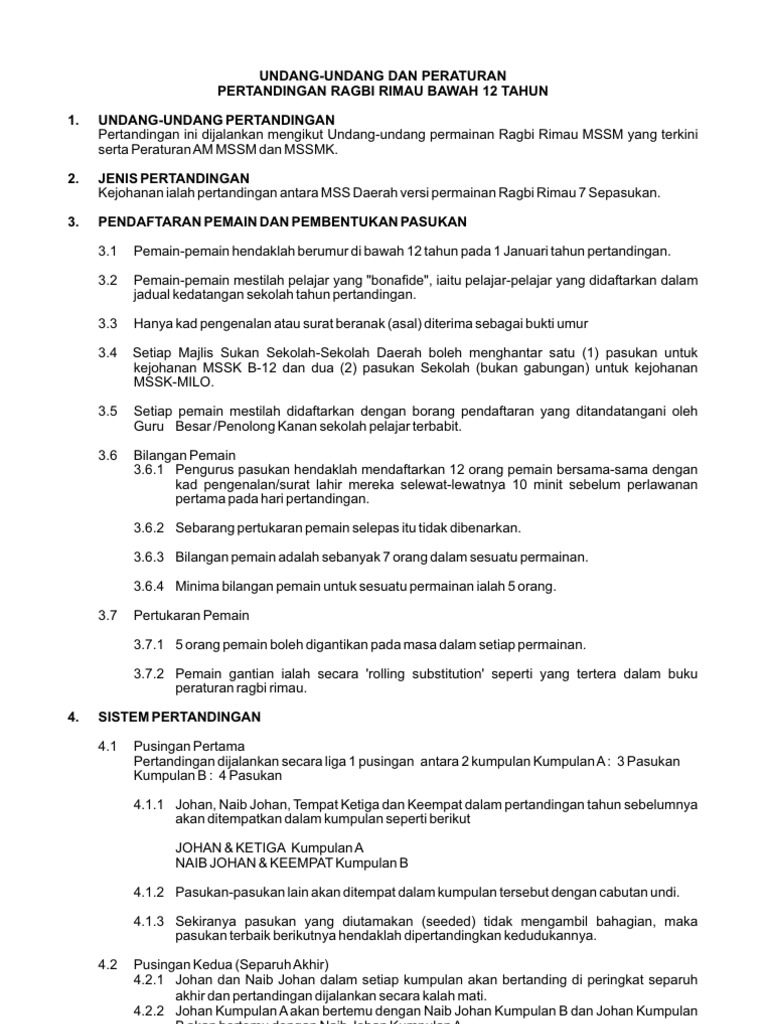 Undang-Undan Dan Peraturan Ragbi U12 MSSM | PDF