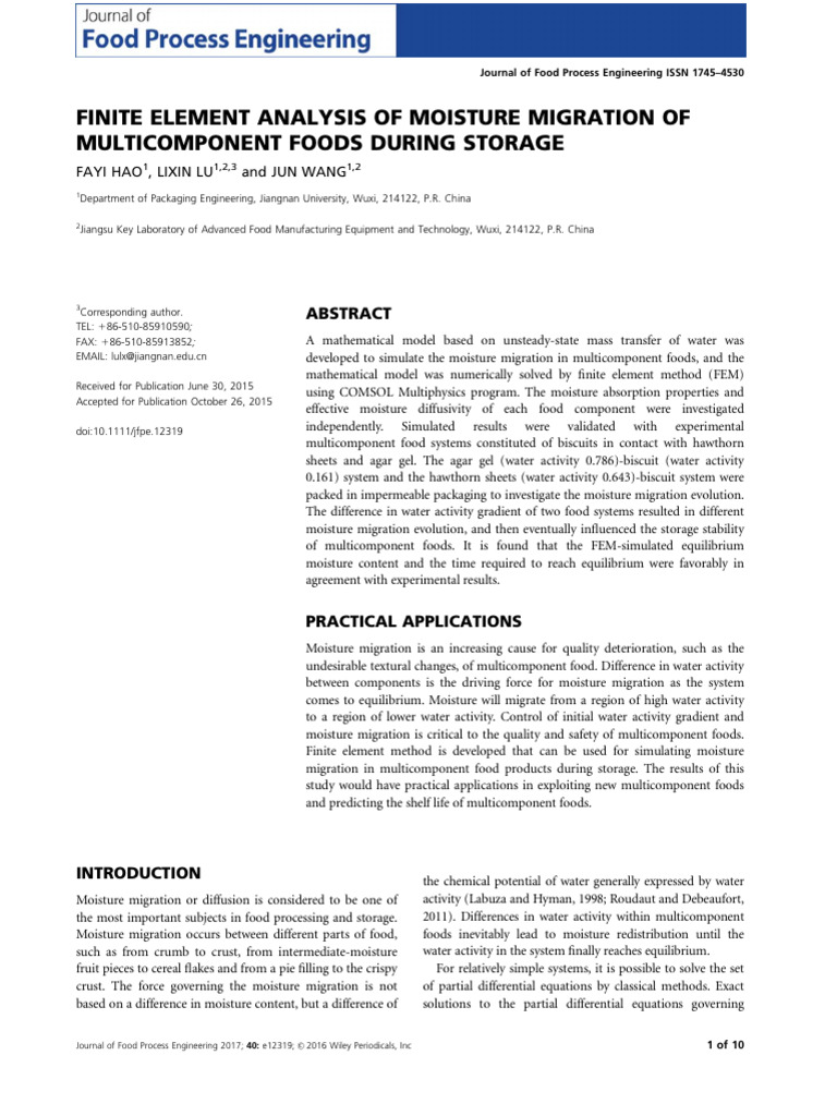 J Food Process Engineering - 2016 - Hao - Finite Element Analysis of ...