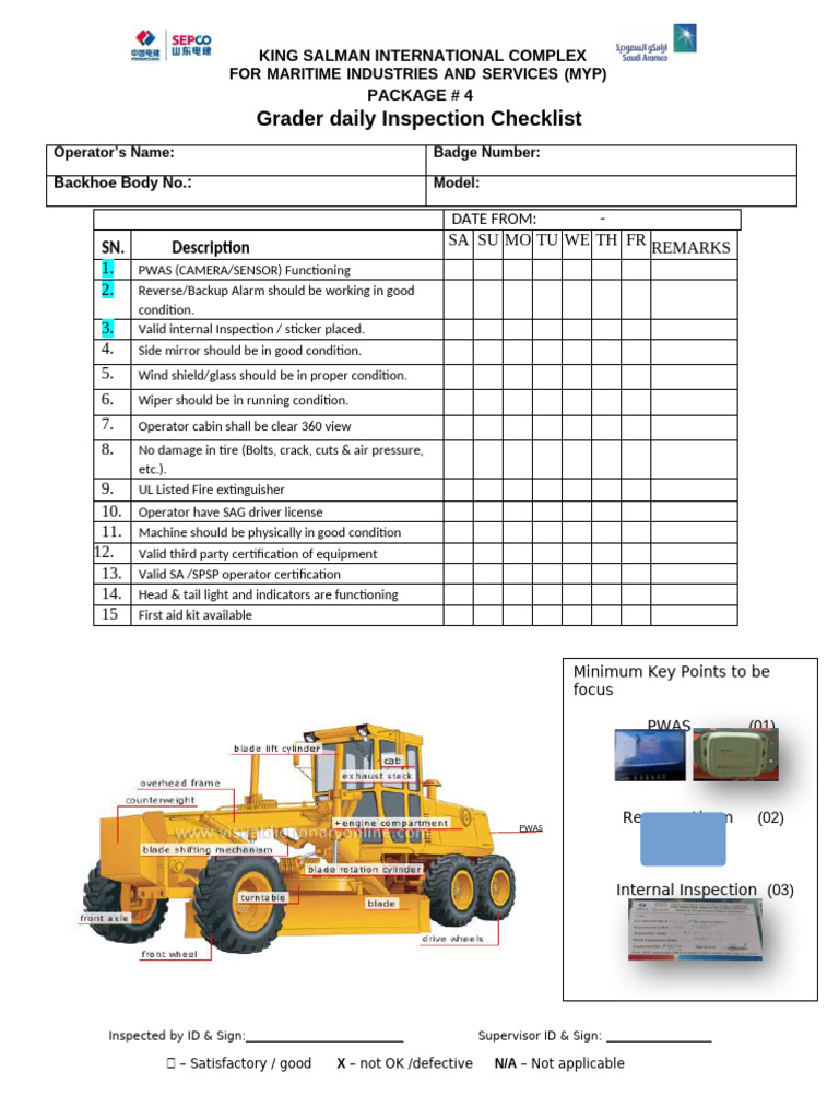Excavator Updated daily inspection checklist | PDF