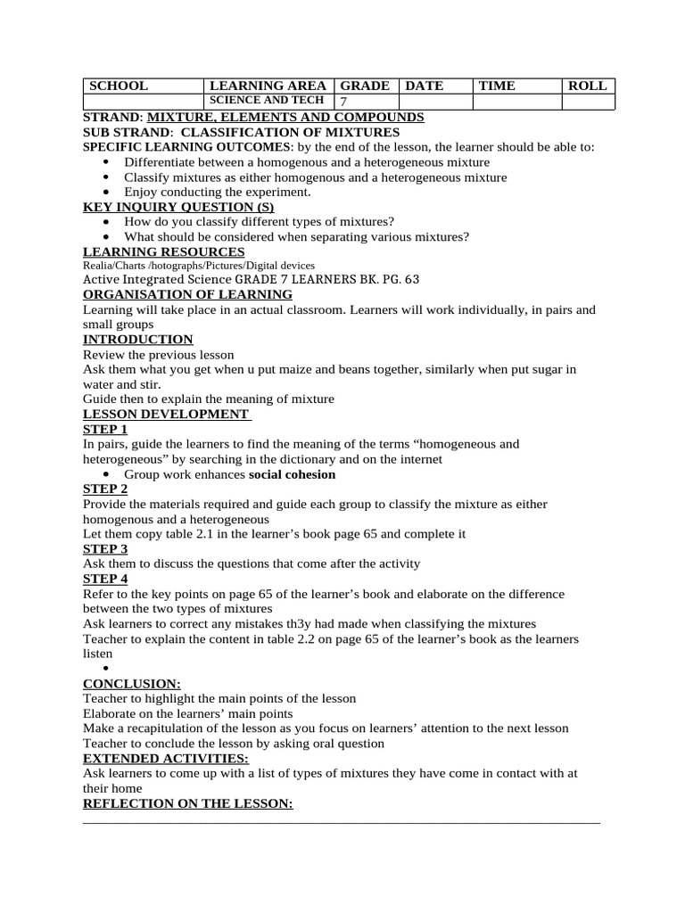 Grade 7 Integrated Science Lesson Plan | PDF | Learning | Chemical ...