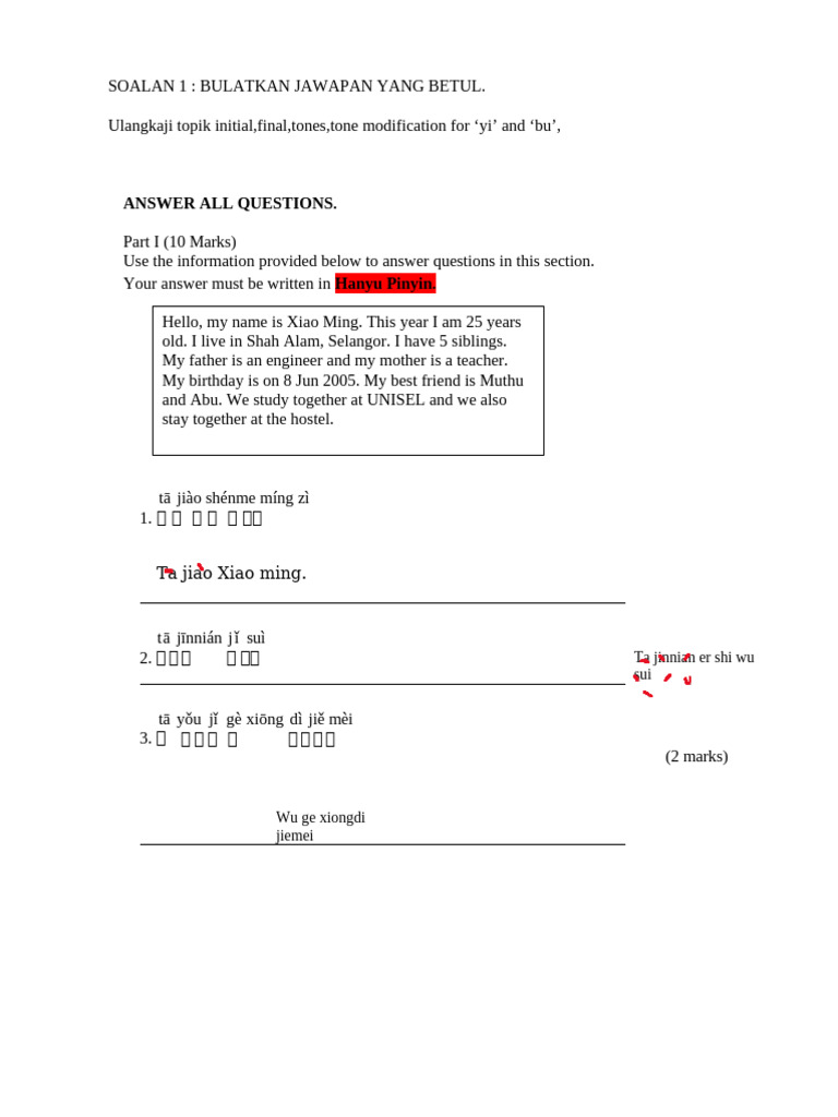 Latihan Final Mandarin 1 | PDF