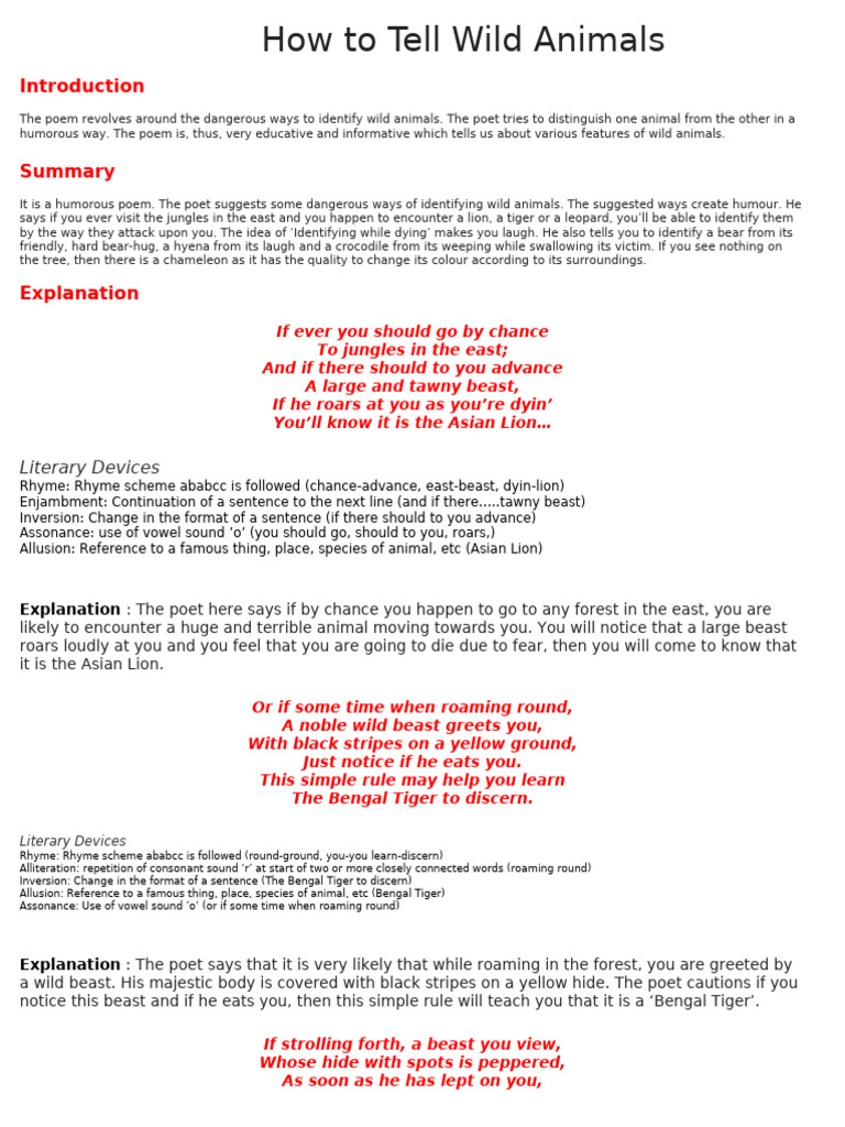 Poetic Devices in "How to Tell Wild Animals" | PDF | Poetry | Rhyme