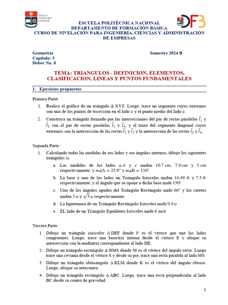 Deber 8 - Triangulos - Definicion, Elementos, Clasificacion, Lineas y Puntos Fundamentales | PDF